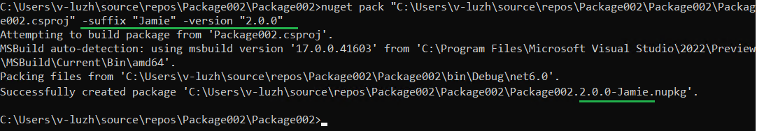 [Pack] The option “--version-suffix” is not respected when using “--version-suffix” and “-p ...