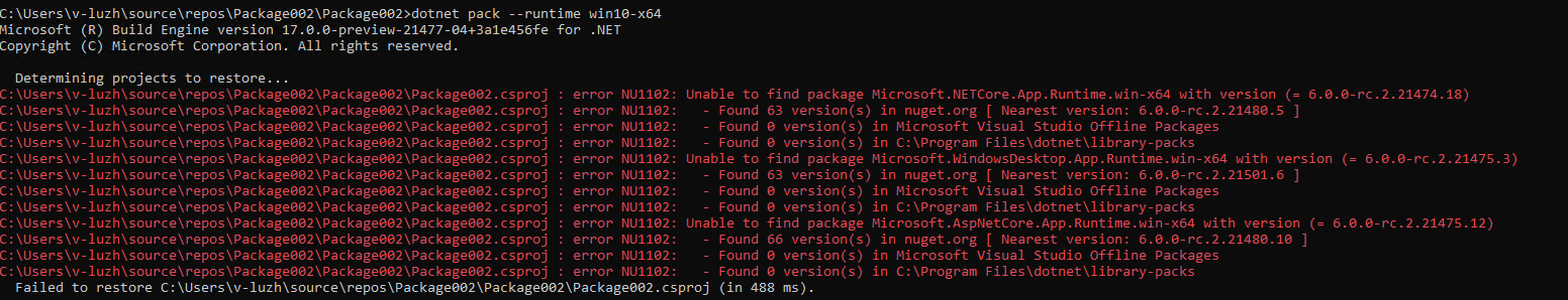 [Bug]: [Pack] Multiple NU1102 errors occur when running command “dotnet pack --runtime win10-x64 ...