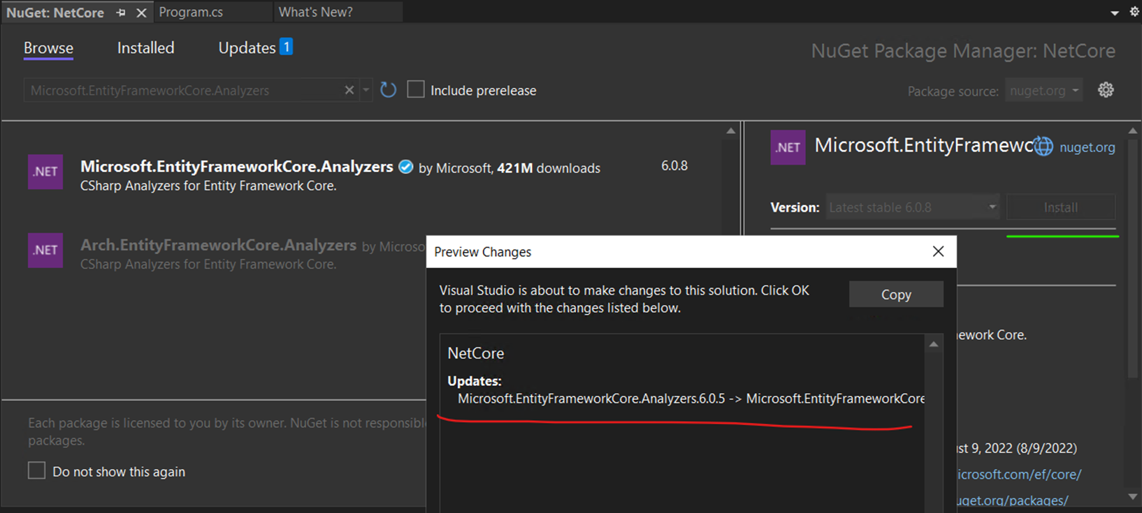 [Bug Bash] “Preview Changes” dialog of Browse tab shows updating package instead of installing ...