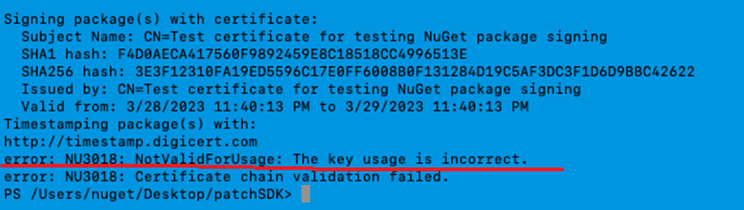 [Cross-platform Dotnet NuGet Sign] The error info of NU3018 on MacOS “the key usage is incorrect ...