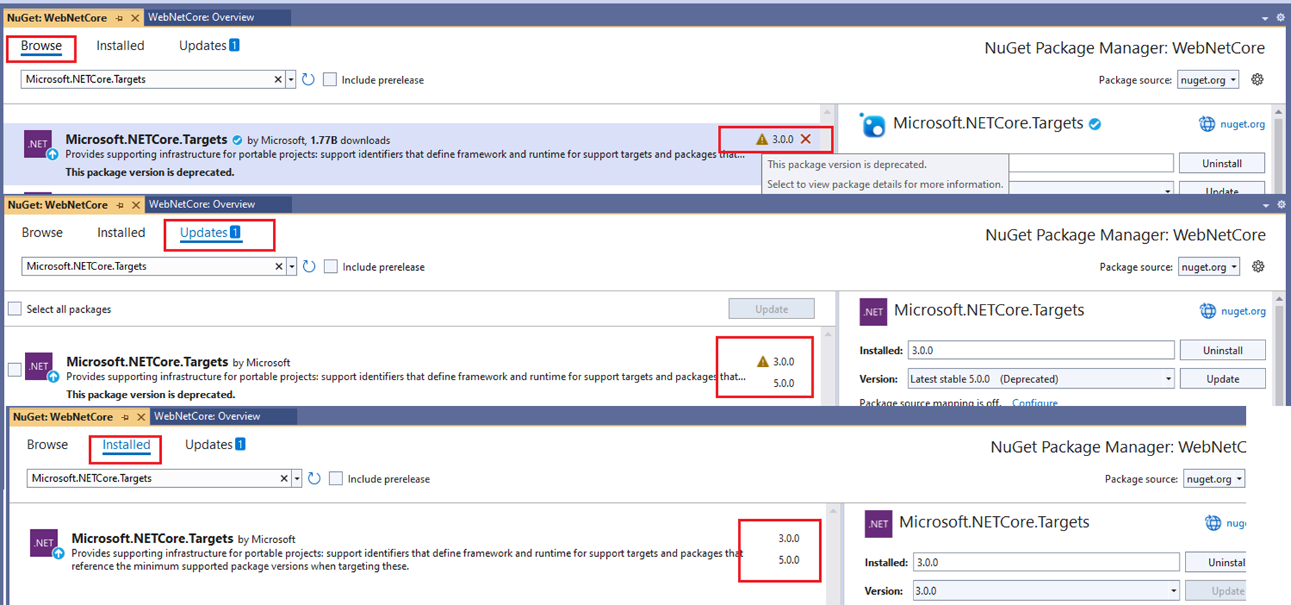 Bug Bash Deprecated Icon Shows In The “browse””updates” Tab On The Left Of A Non Deprecated 
