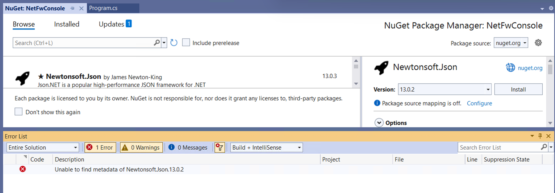 An error “unable to find metadata of PackageName.1.0.0” occurs when installing package with ...