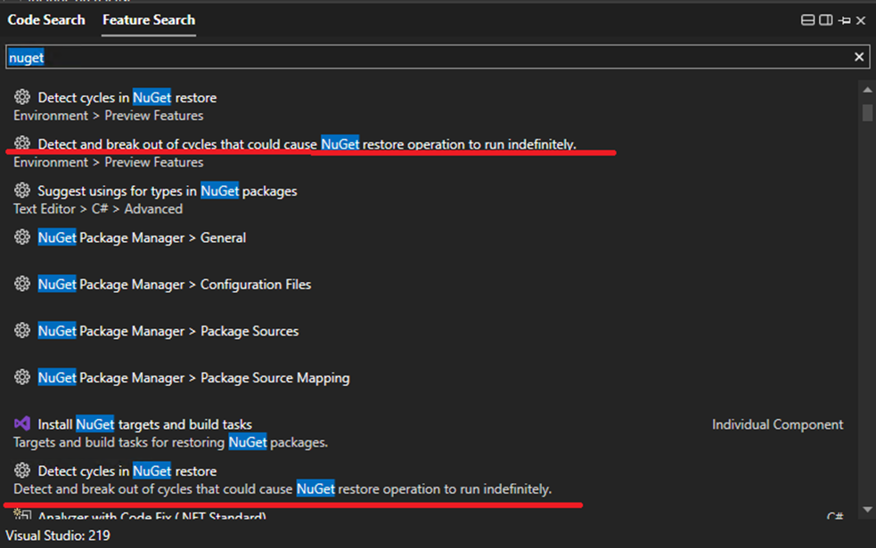 [Bug Bash] Duplicated items were found when searching “NuGet” in “Search->Feature Search” filter ...