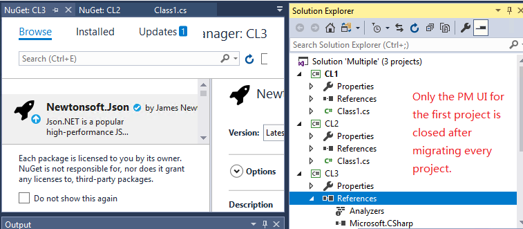 PM UI will be closed automatically when clicking the “Migrate packages.config to ...
