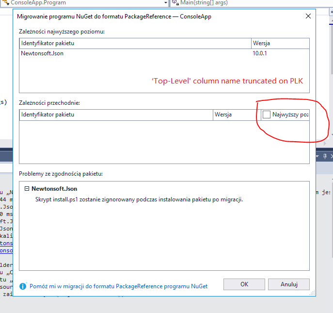 Top Level Column Name On ‘migrate Nuget Format To Packagereference 