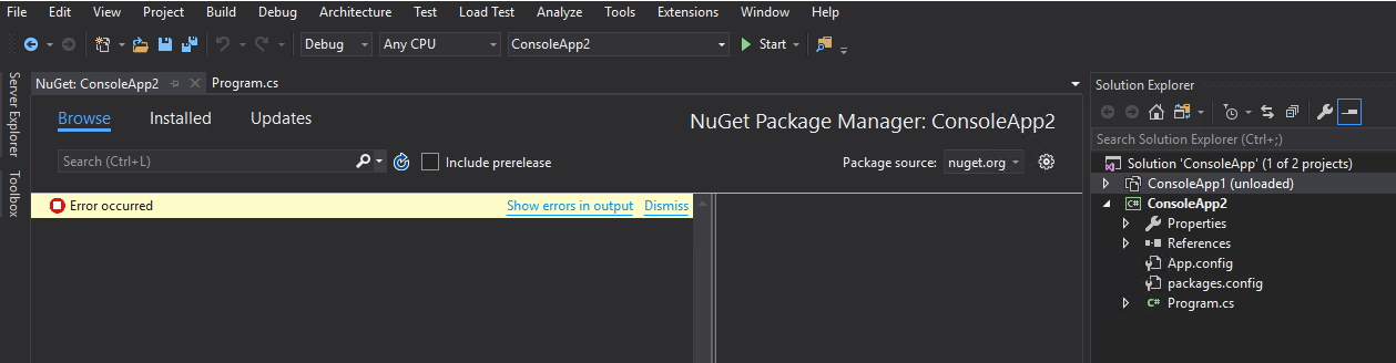 There is an error occurred on the second project’s PM UI when closing the first project’s csproj ...