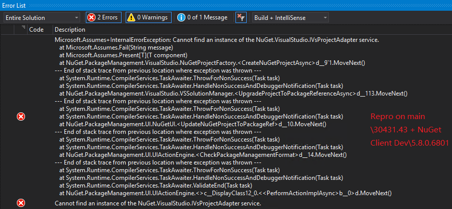 An error “cannot find an instance of the NuGet.VisualStudio.IVsProjectAdapter service” occurred ...