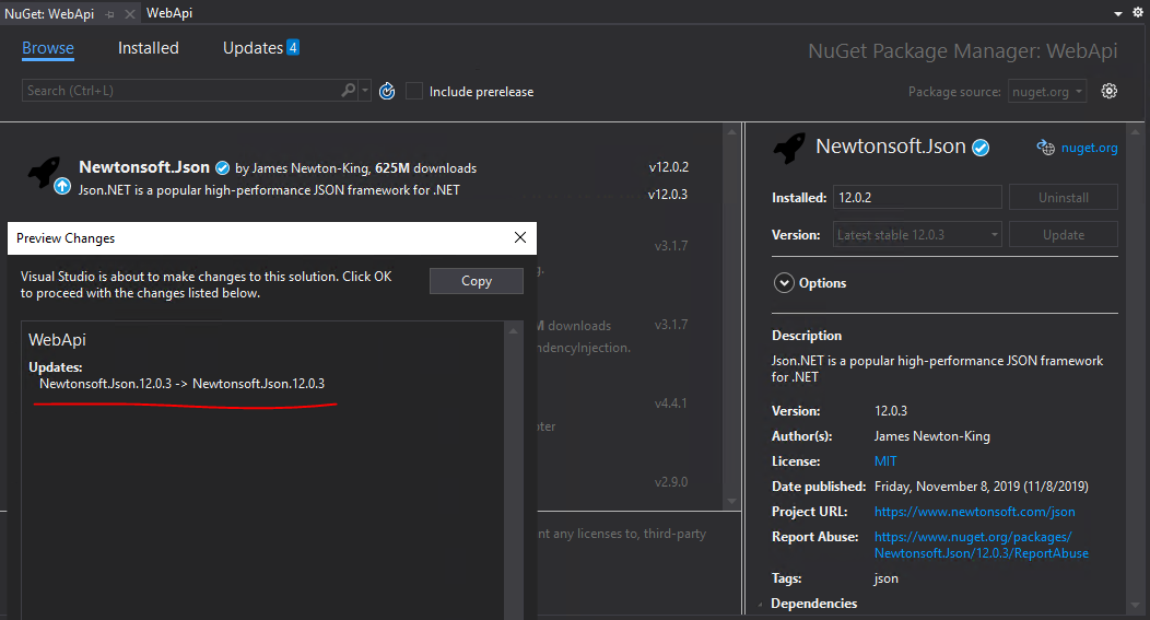 The package version info in “Preview Changes” window is incorrect when updating package with ...