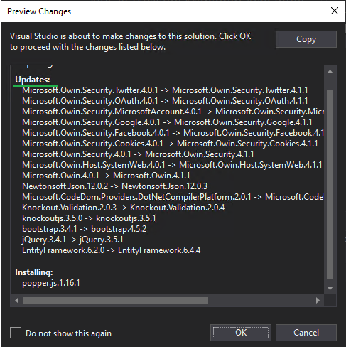 “Installing” instead of “Updates” show in the “Preview Changes” dialog ...
