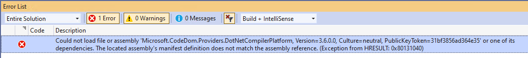 [Bug Bash][Unstable] Error “could not load file or assembly 'Microsoft.CodeDom.Providers ...