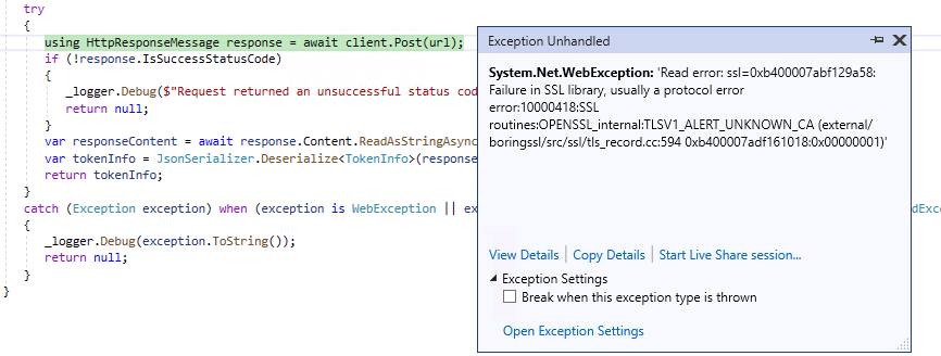 debugger breaks on handled WebExceptions · Issue #6584 · dotnet/android ...