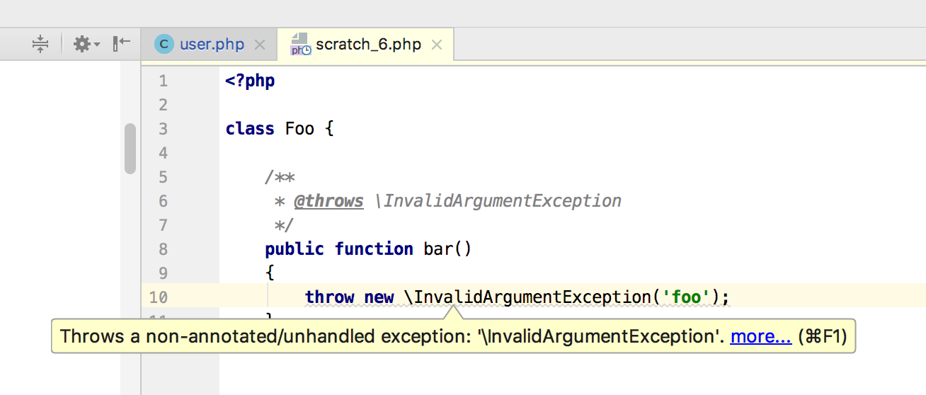 FP: Throws a non-annotaded/unhandled exception · Issue #652 · kalessil/phpinspectionsea · GitHub
