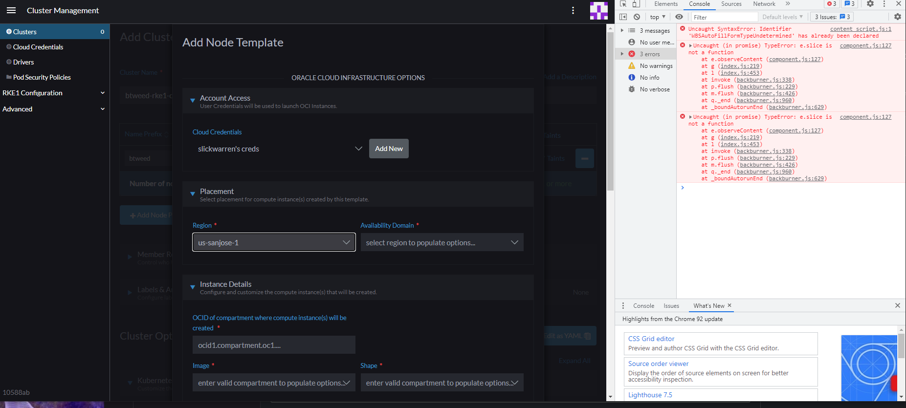 Errors in dev console when selecting OCI region while adding Node Template for RKE1 cluster ...