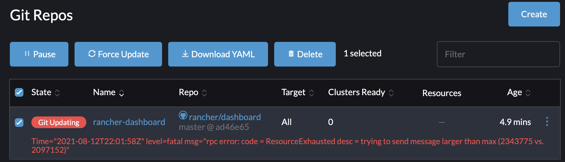 continuous delivery: Git repo update fails with error about message size · Issue #3833 · rancher ...