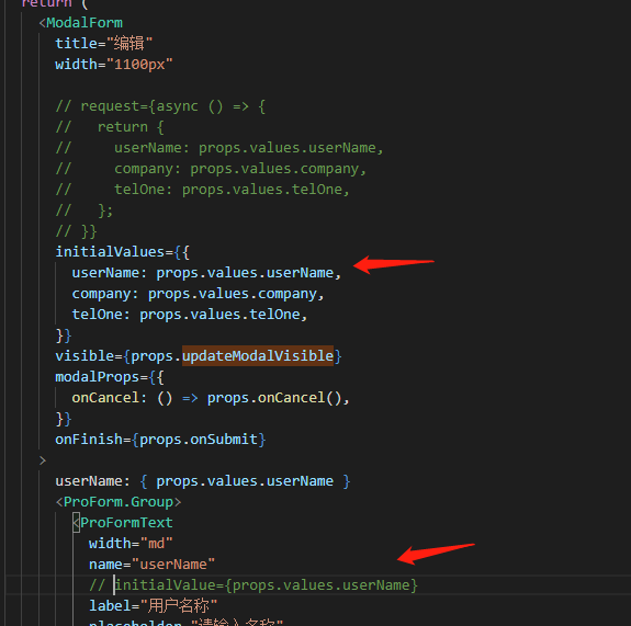 使用ModalForm的initialValues给文本框赋初始值失败的问题🐛[BUG] · Issue #8809 · ant-design/ant-design-pro · GitHub