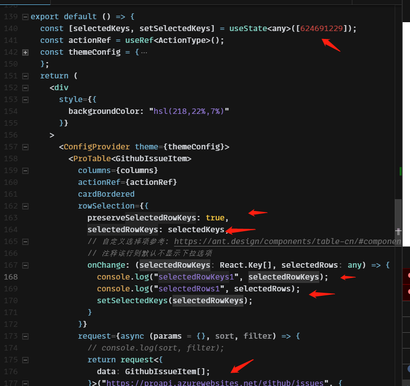 ProTable当使用request，再设置preserveSelectedRowKeys跟selectedKeys, onChange事件打印selectedRows为undefined🐛 ...