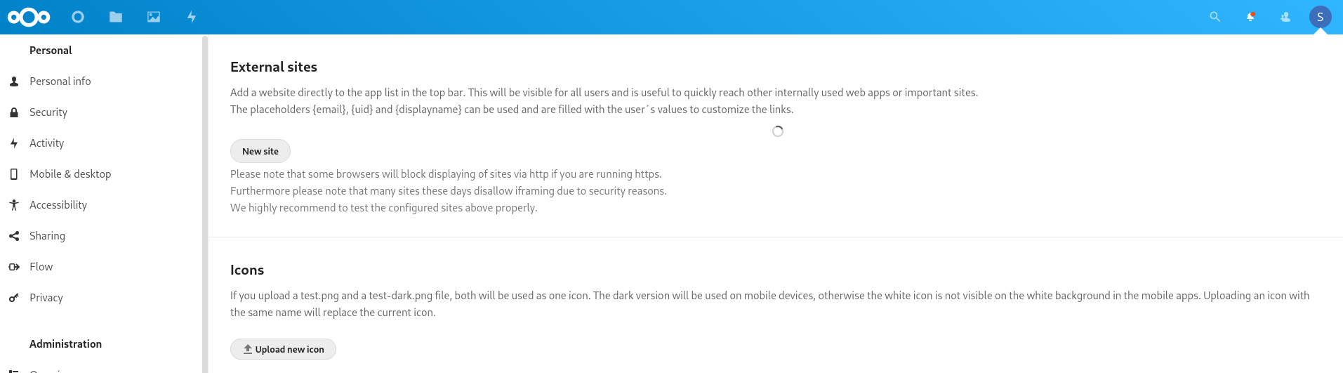Infinite Loading Circle - Nothing happens when clicking on "New Site ...