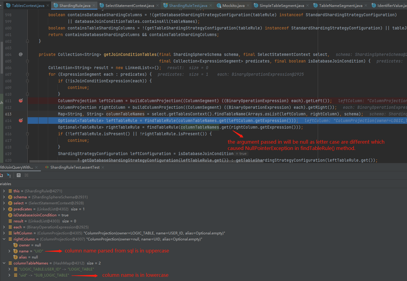 ShardingRule#isAllBindingTables() throws NullPointerException when table names and column names ...