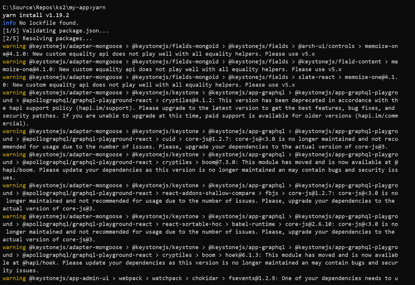 Keystone-app generator doesn't detect yarn and todo app yarn install fails · Issue #2026 ...