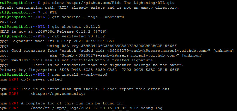 [BUG] npm ERR when installing RTL · Issue #859 · raspibolt/raspibolt · GitHub