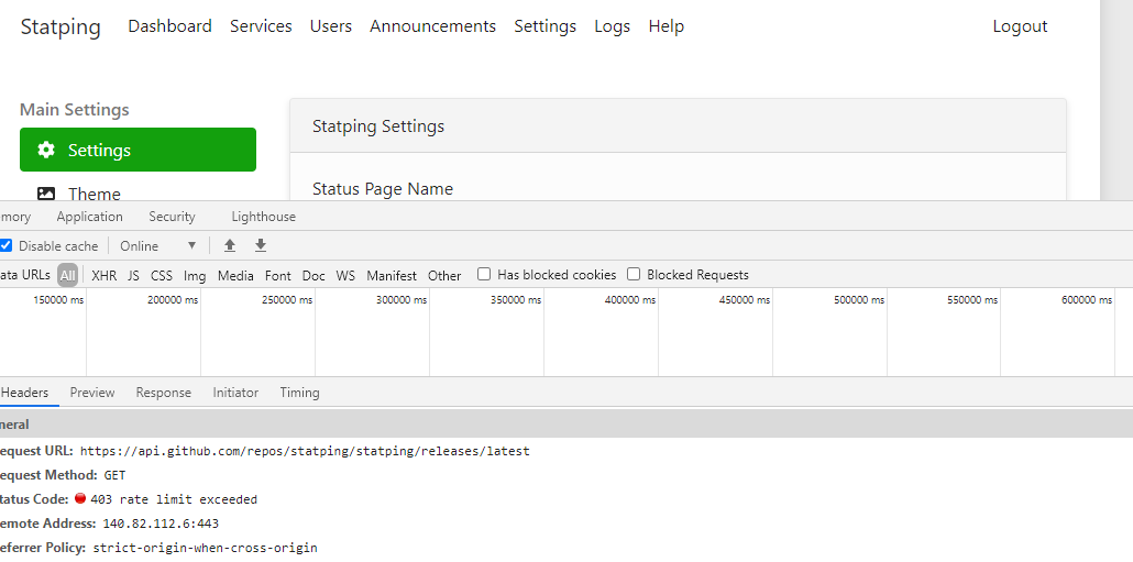 Rate limit exceeded https://api.github.com/repos/statping/statping ...