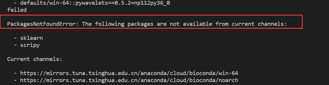 Anaconda安装包时PackagesNotFoundError: The following packages are not available from current ...