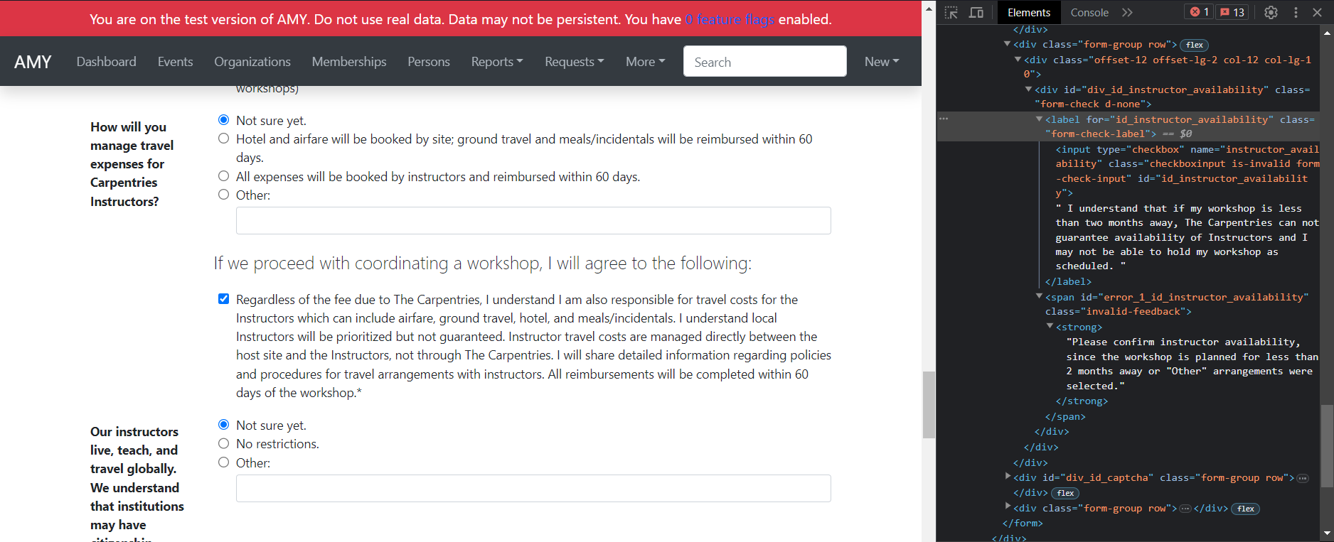 Workshop inquiry form raises invisible errors · Issue #2545 · carpentries/amy · GitHub