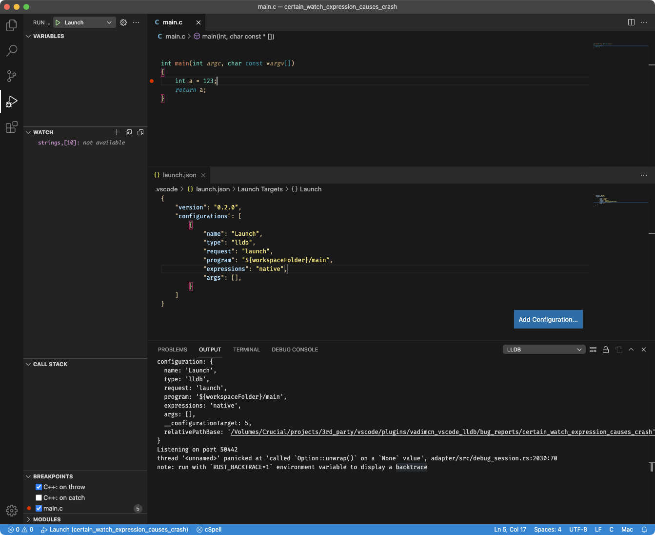 Debug session fails if I "watch" for a certain expression · Issue #439 · vadimcn/codelldb · GitHub