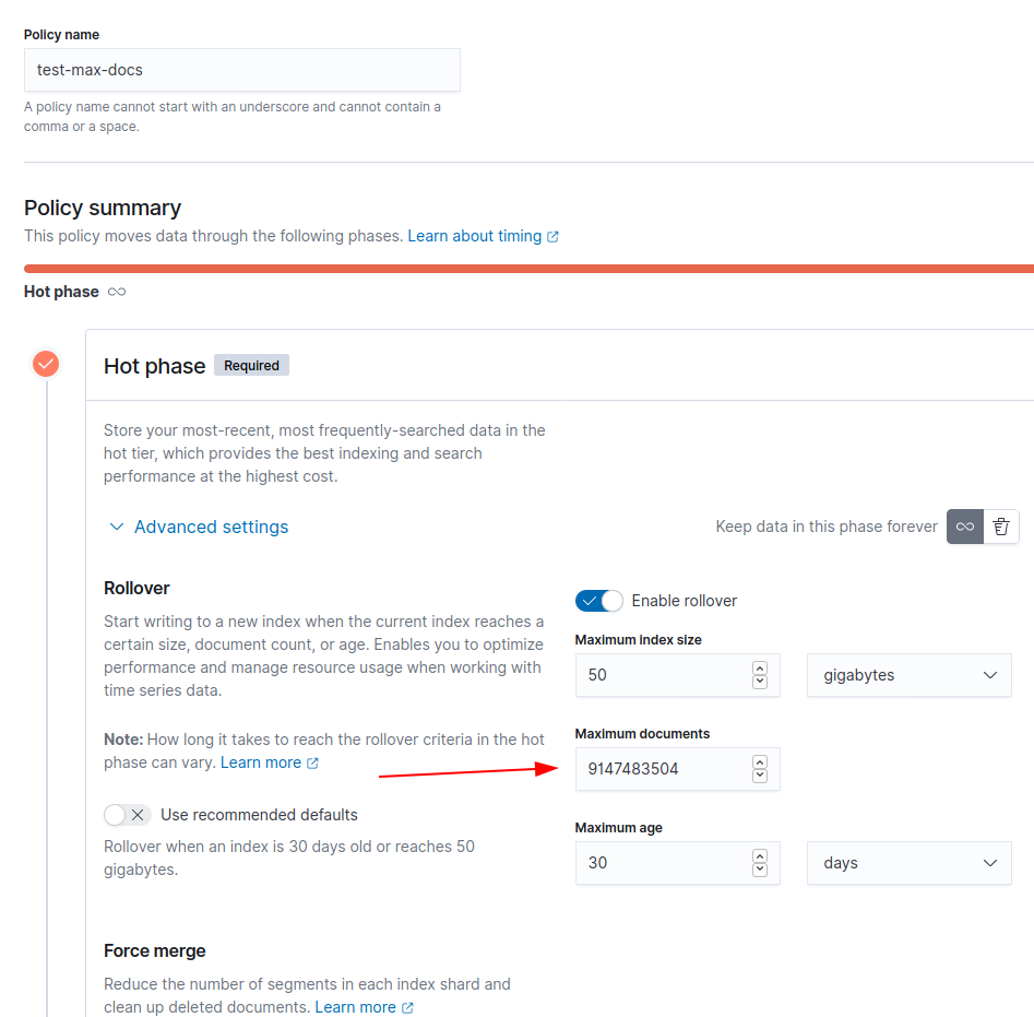 Prevent or Warn in ILM UI when configuring ILM Rollover allowing max ...