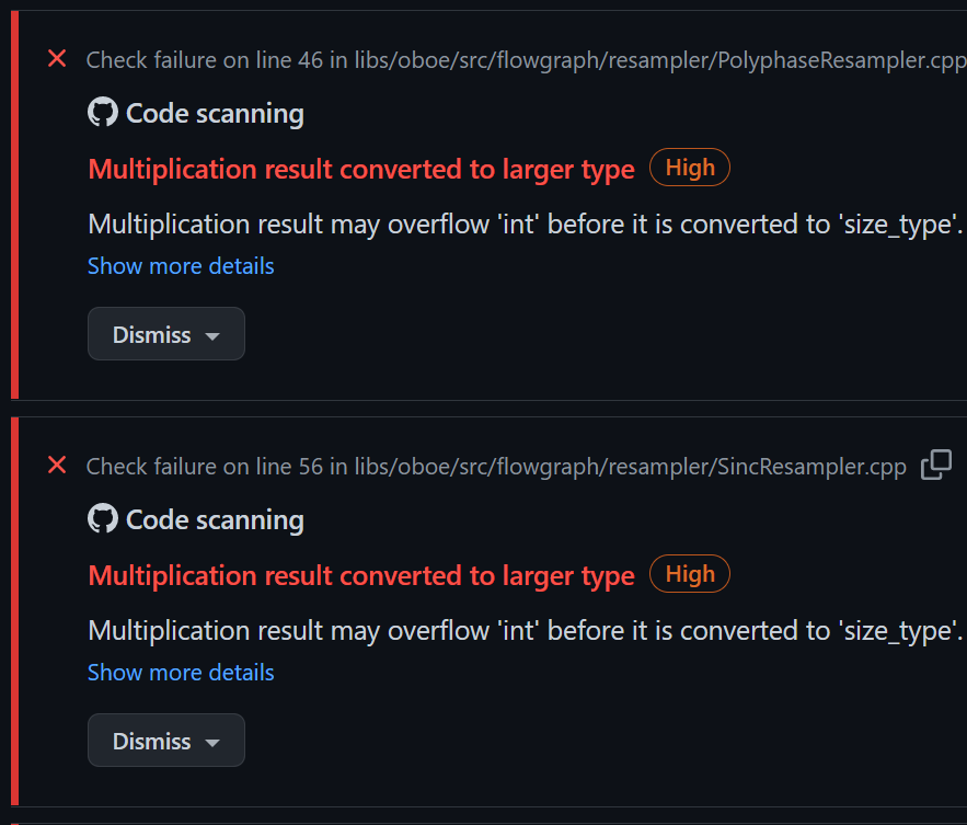 CodeQl gives overflow warning for flowgraph/resampler · Issue #1506 · google/oboe · GitHub
