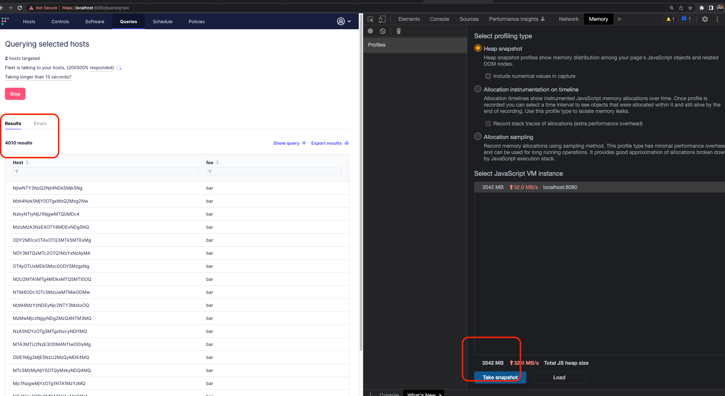 Investigate why Fleet is consuming so much memory that live query results cannot be rendered ...