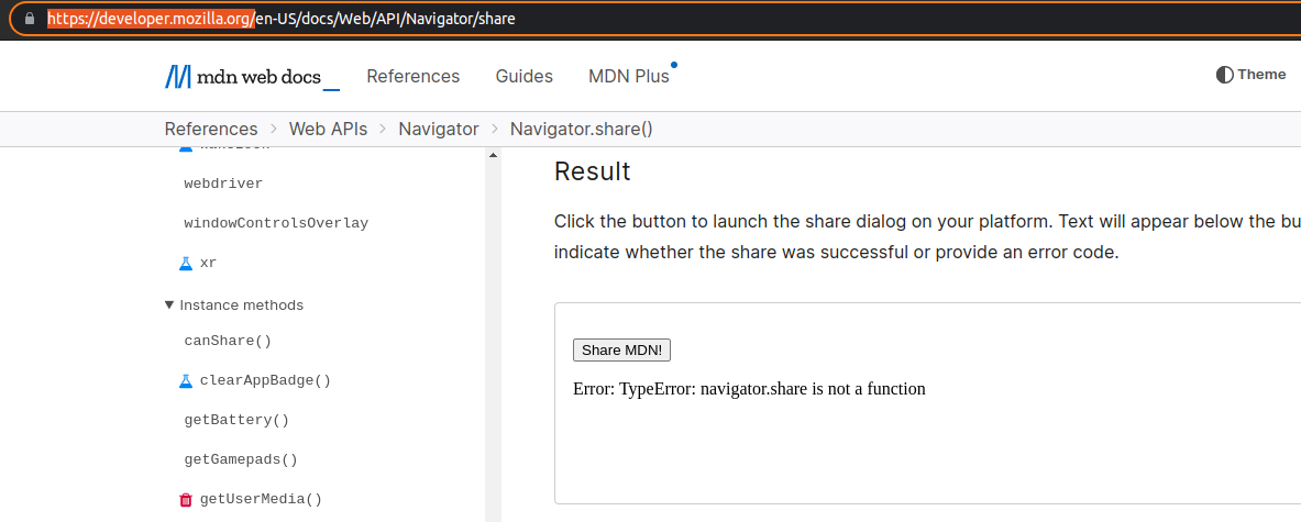 Share MDN Example Not Working - TypeError: navigator.share is not a function · Issue #23403 ...