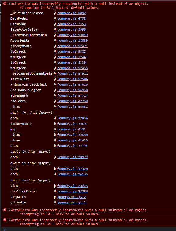 Spurious errors caused by `null` ActorDeltas · Issue #9467 · foundryvtt/foundryvtt · GitHub