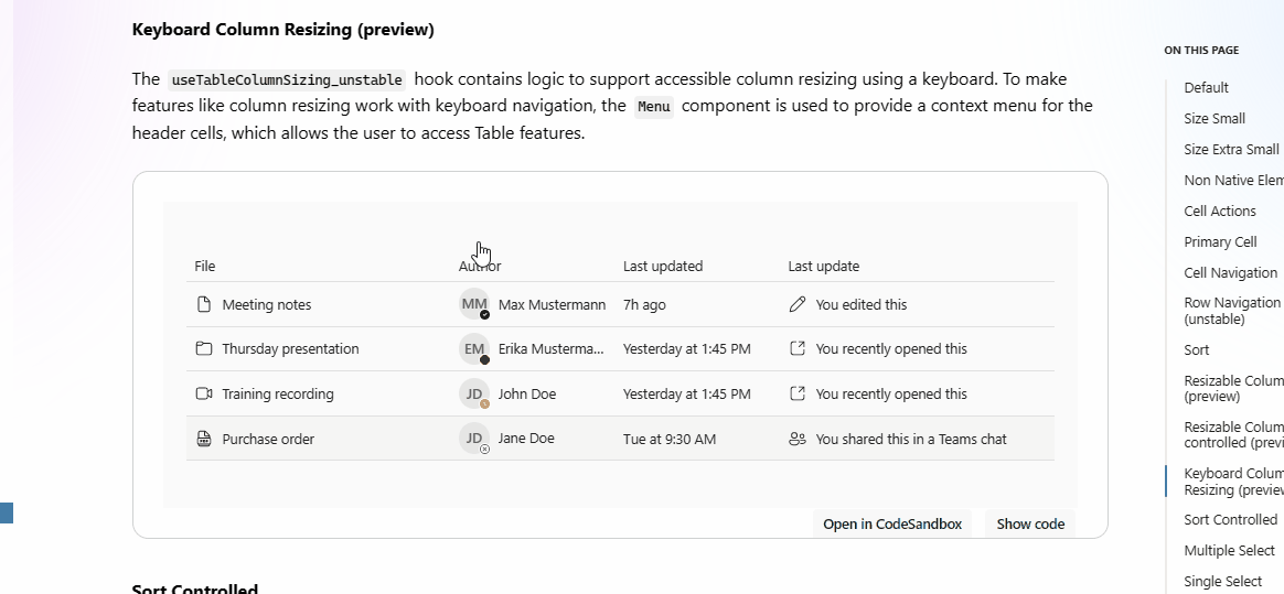 Table Column Resizing Has No Indicator When Using Keyboard · Issue 27665 · Microsoftfluentui