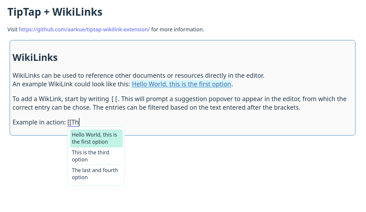 GitHub - aarkue/tiptap-wikilink-extension: Add WikiLinks to TipTap Editor GitHub - aarkue/tiptap-wikilink-extension: Add WikiLinks to TipTap Editor