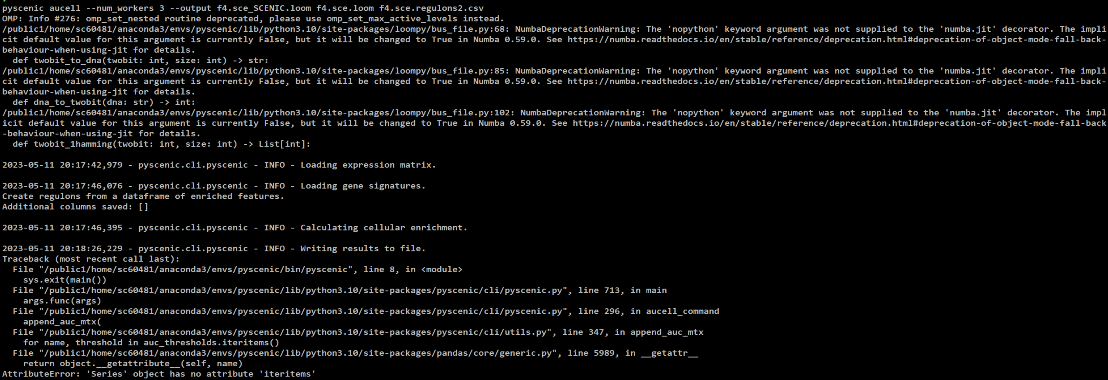 Error report: pyscenic aucell · Issue #470 · aertslab/pySCENIC · GitHub
