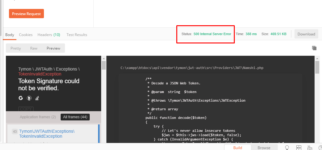 JWTAuth authenticate 500 Internal server error · Issue #1693 · tymondesigns/jwt-auth · GitHub