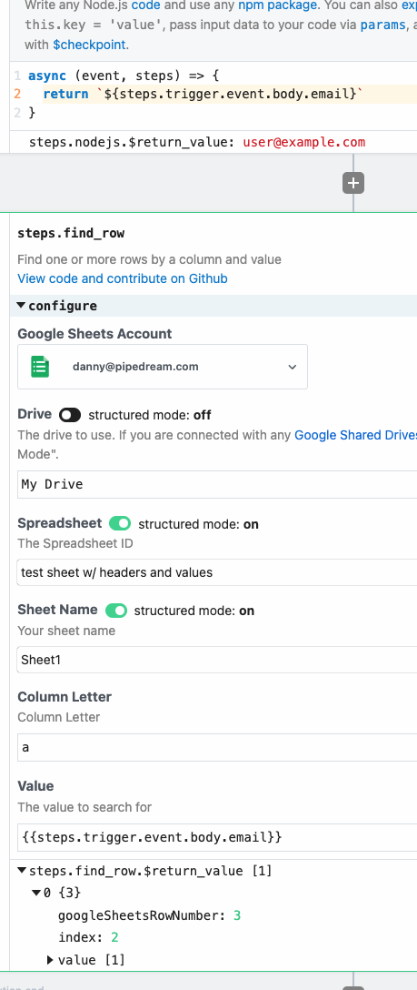 [ACTION] help!! google sheet Print the lookup row in a column · Issue #2082 · PipedreamHQ ...