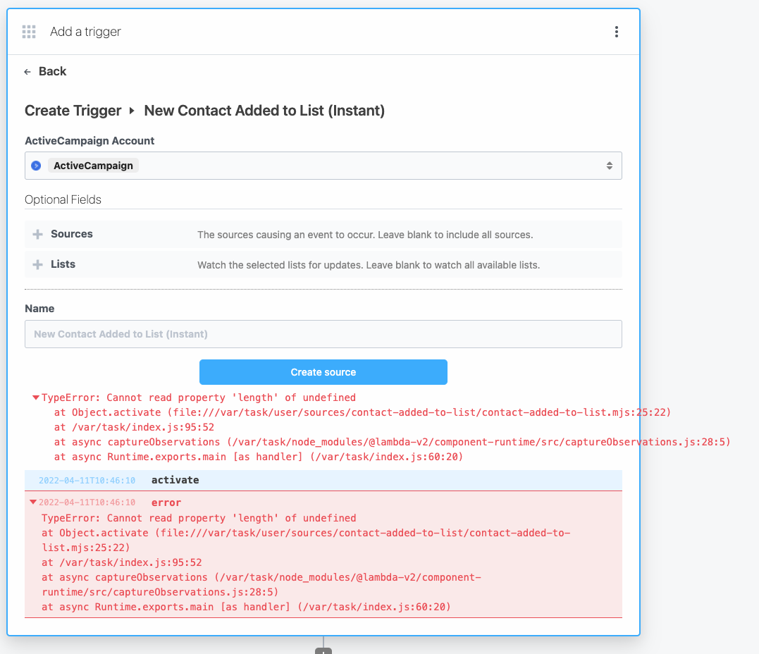 [BUG] Not able to add ActiveCampaign: New Contact Added to List (Instant) · Issue #2592 ...