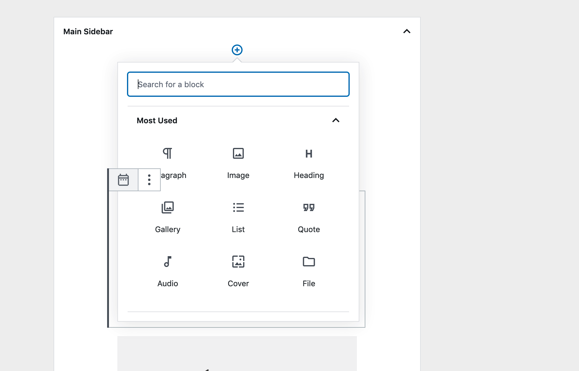 Block Toolbar appears above Block Inserter on Widgets (beta) screen · Issue #15914 · WordPress ...