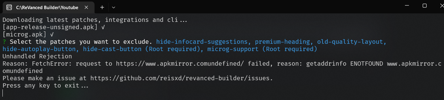 Unhandled Rejection · Issue #7 · reisxd/revanced-builder · GitHub