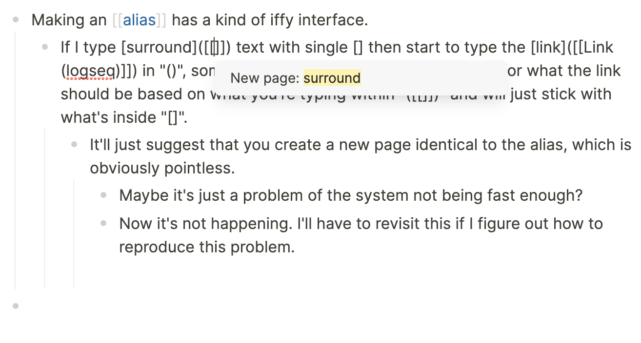 Making an alias around existing text is an iffy process. · Issue #5865 · logseq/logseq · GitHub