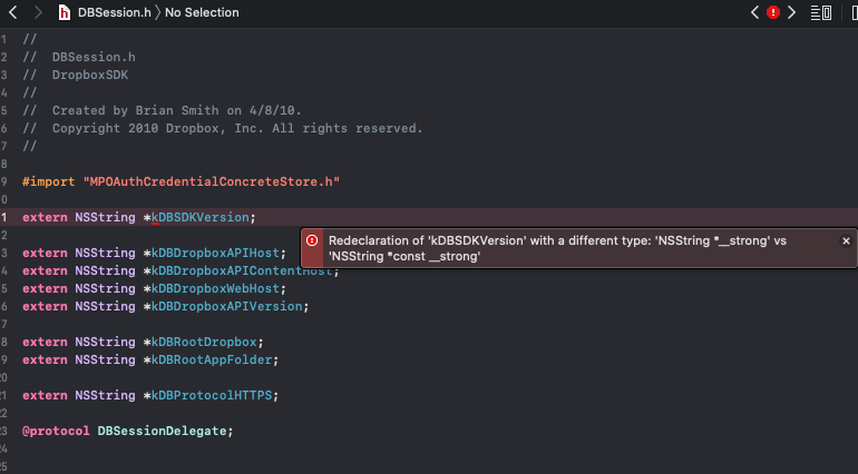 Redeclaration Of Kdbsdkversion With A Different Type Nsstring Const Strong Vs Nsstring