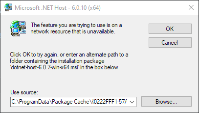 Installation keeps asking for "dotnet-host-6.0.7" when the package it comes with contains dotnet ...