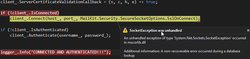 SocketException thrown during Connect: "A non-recoverable error occurred during a database ...