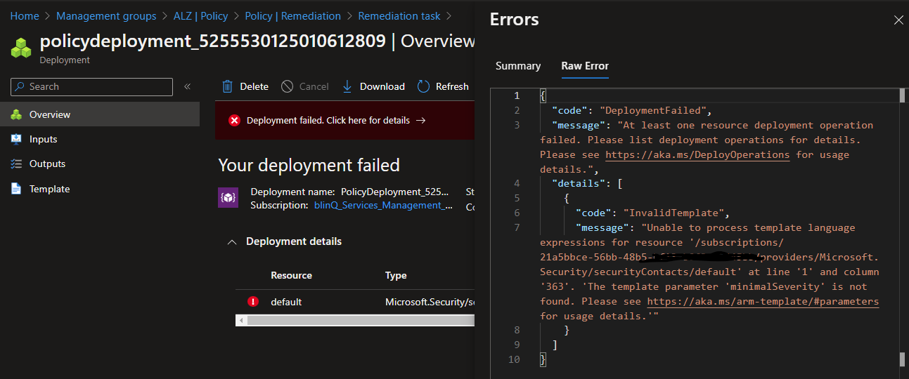 Policy definition Deploy-ASC-SecurityContacts missing parameter minimalSeverity in template ...