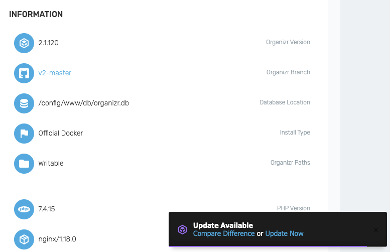 Docker Organizr (v2.1.120) shows update is available but not updating since Dec '20? · Issue ...