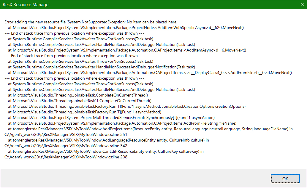 Error Adding new Resource file! · Issue #281 · dotnet/ResXResourceManager · GitHub