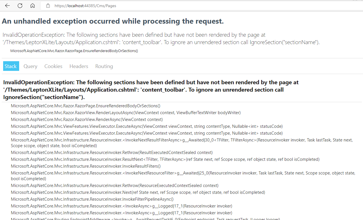 In LeptonXLite Theme,under the CMS,cms pages throw InvalidOperationException · Issue #13091 ...