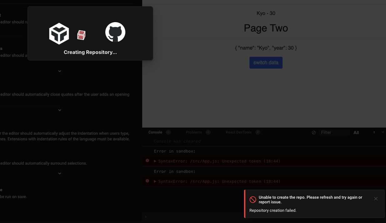Unable to create the repo. Please refresh and try again or report issue. Repository creation ...
